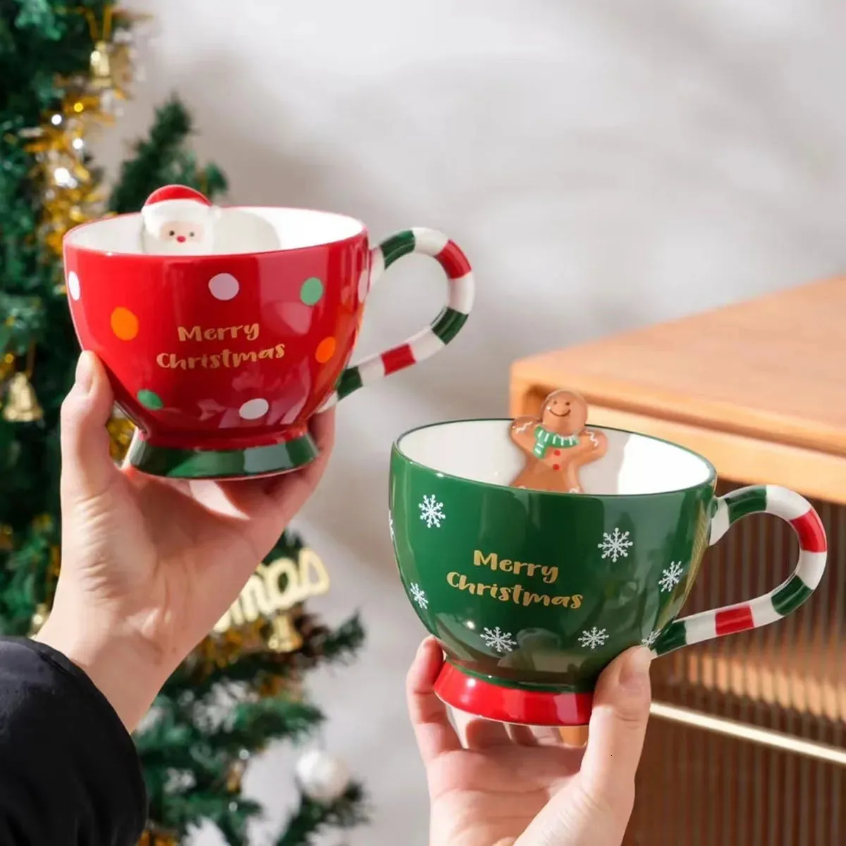 Christmas Mug with Cartoon Gingerbread Man and Santa Claus - Large ...