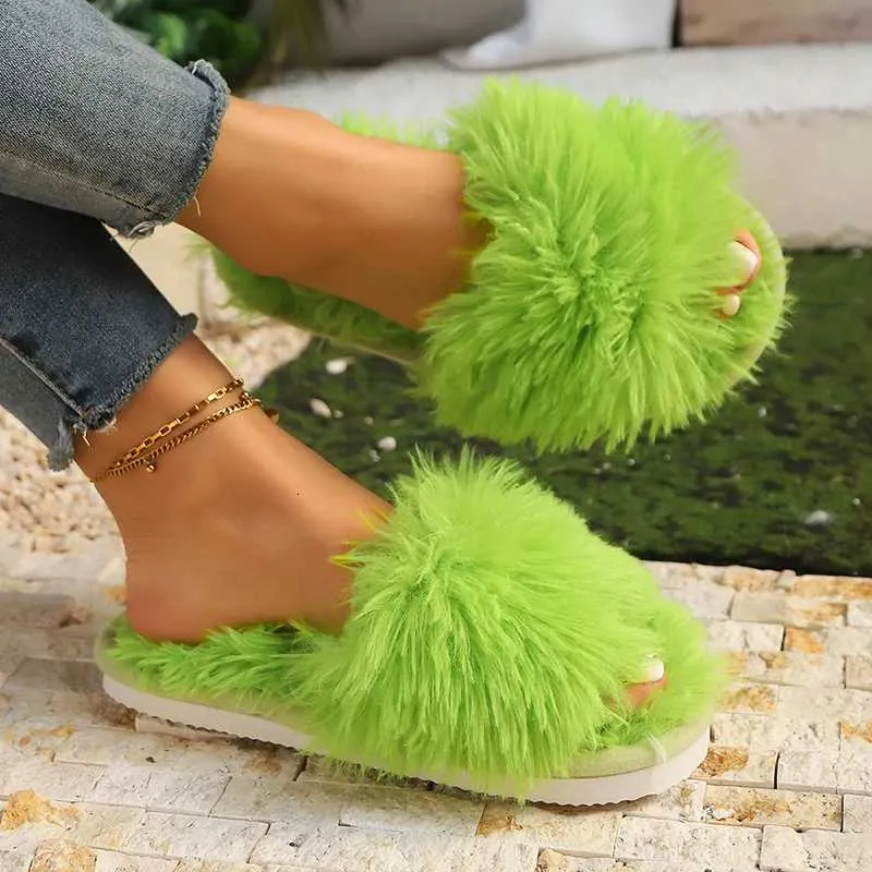 New Autumn Winter Women's Fashion Faux Fur Slippers, Solid Color ...