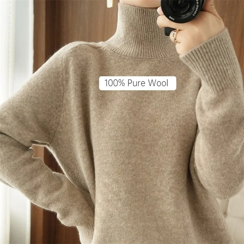 Women's 100% Pure Wool Sweater, Thick and Loose Half Turtle Neck, Latte ...