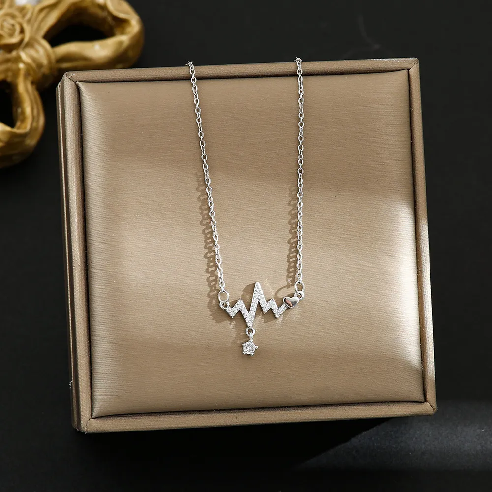 Korean Design Electrocardiogram Micro Paved Pendant Necklace for Women ...