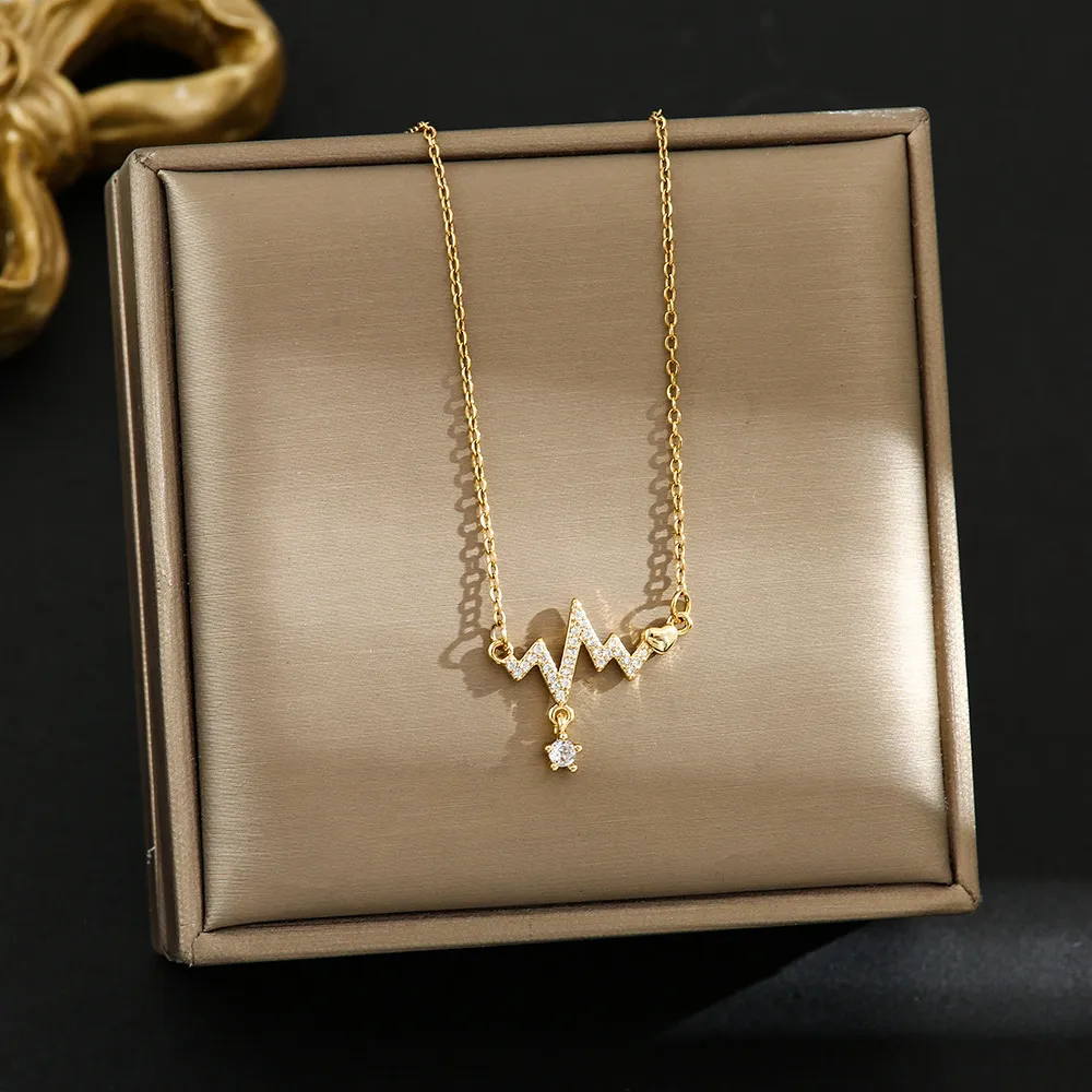 Korean Design Electrocardiogram Micro Paved Pendant Necklace for Women ...