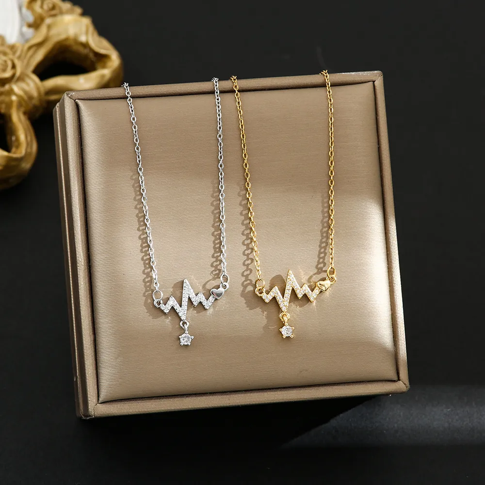 Korean Design Electrocardiogram Micro Paved Pendant Necklace for Women ...