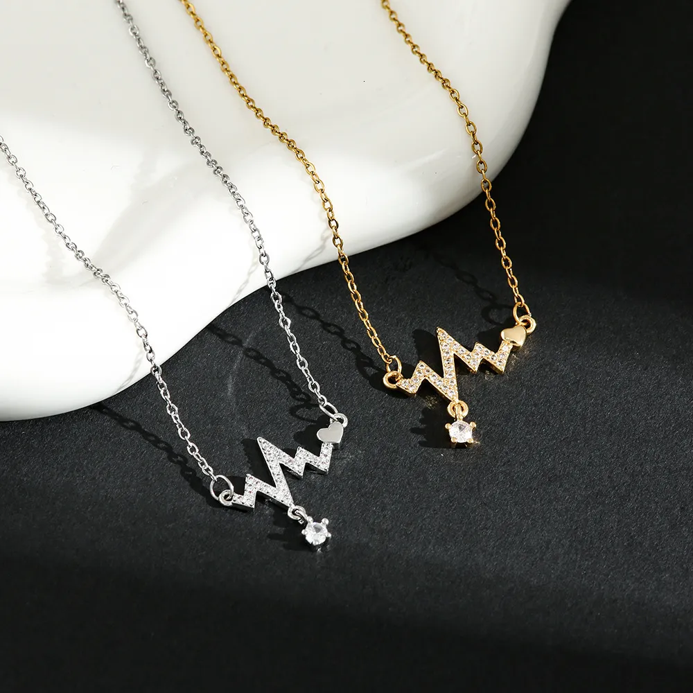Korean Design Electrocardiogram Micro Paved Pendant Necklace for Women ...