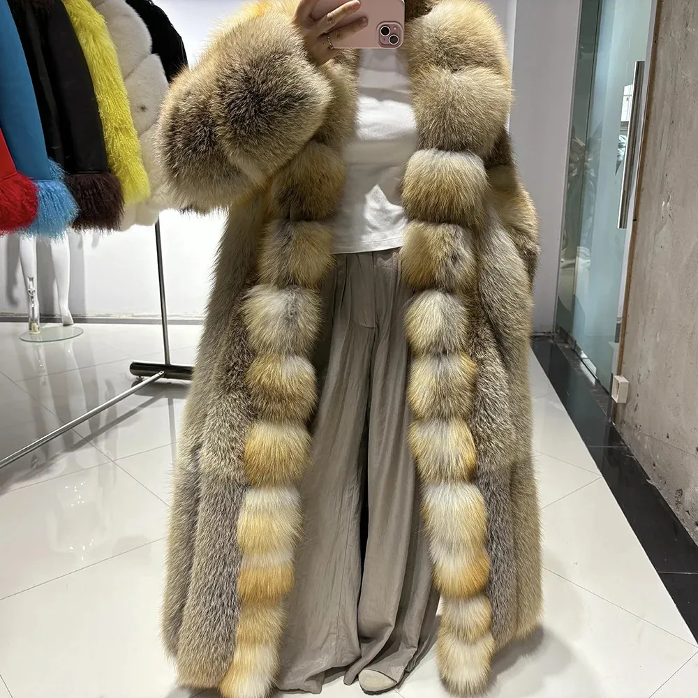 Yoloagain Long Real Fox Fur Jacket Coat Women's Winter Natural Golden ...