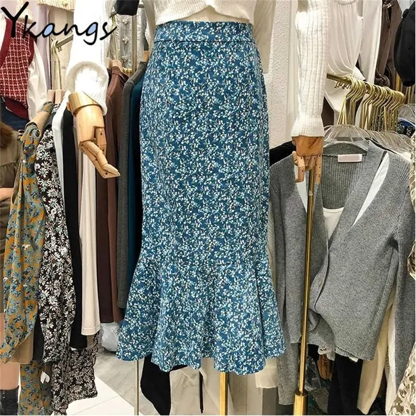 Vintage High Waist Mermaid Corduroy Skirt Women Floral Print A-Line ...