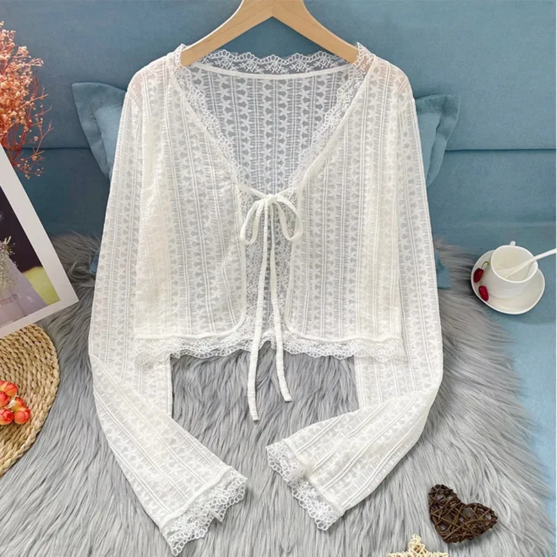 Sheer Lace Cardigans Floral Openwork Crop Tops With Tie Front Trim Long ...