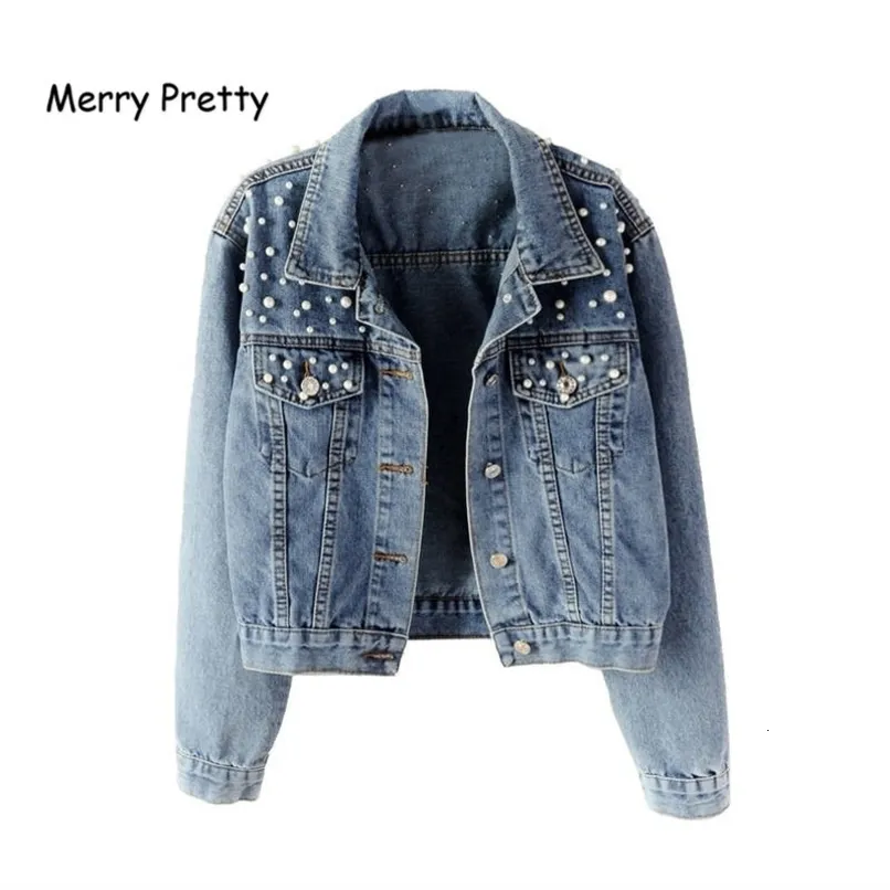 Merry Pretty Women Light Blue Pearl Beading Denim Jackets Korean ...
