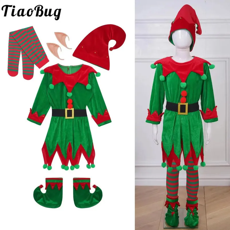 Children's Santa Claus Elf Costume Green Christmas Fancy Holiday Family ...