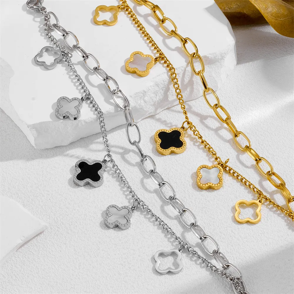 Clover Bracelet for Women Double-Layer 4 Leaf Link Chain Silver Plated ...