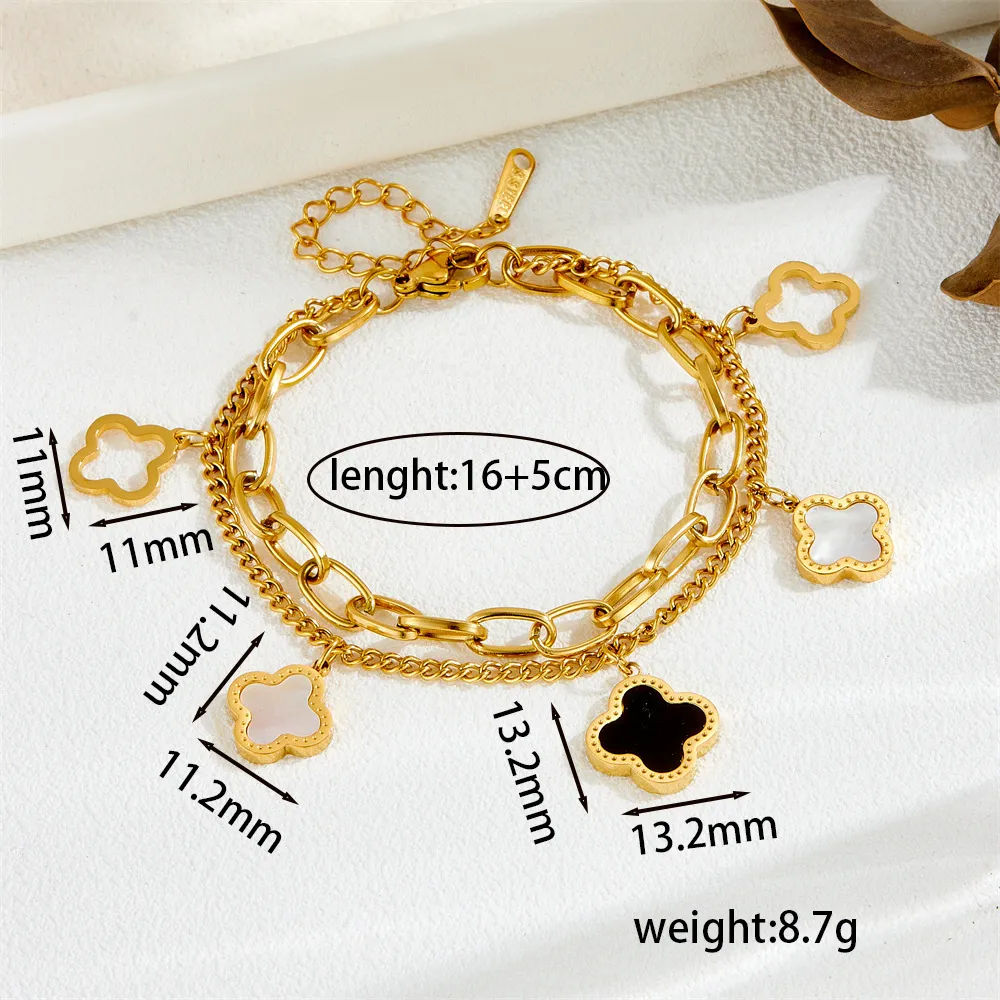 Clover Bracelet for Women Double-Layer 4 Leaf Link Chain Silver Plated ...