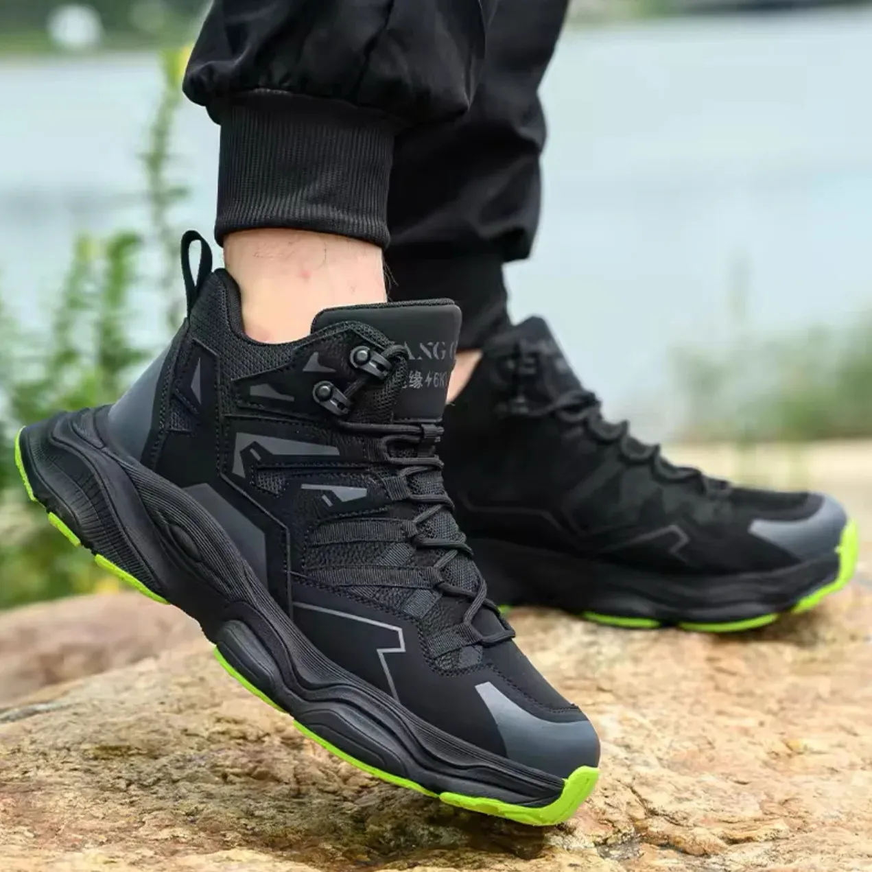 Black Safety Shoes with Green Sole: Slip Resistant, Steel Toe, Impact ...
