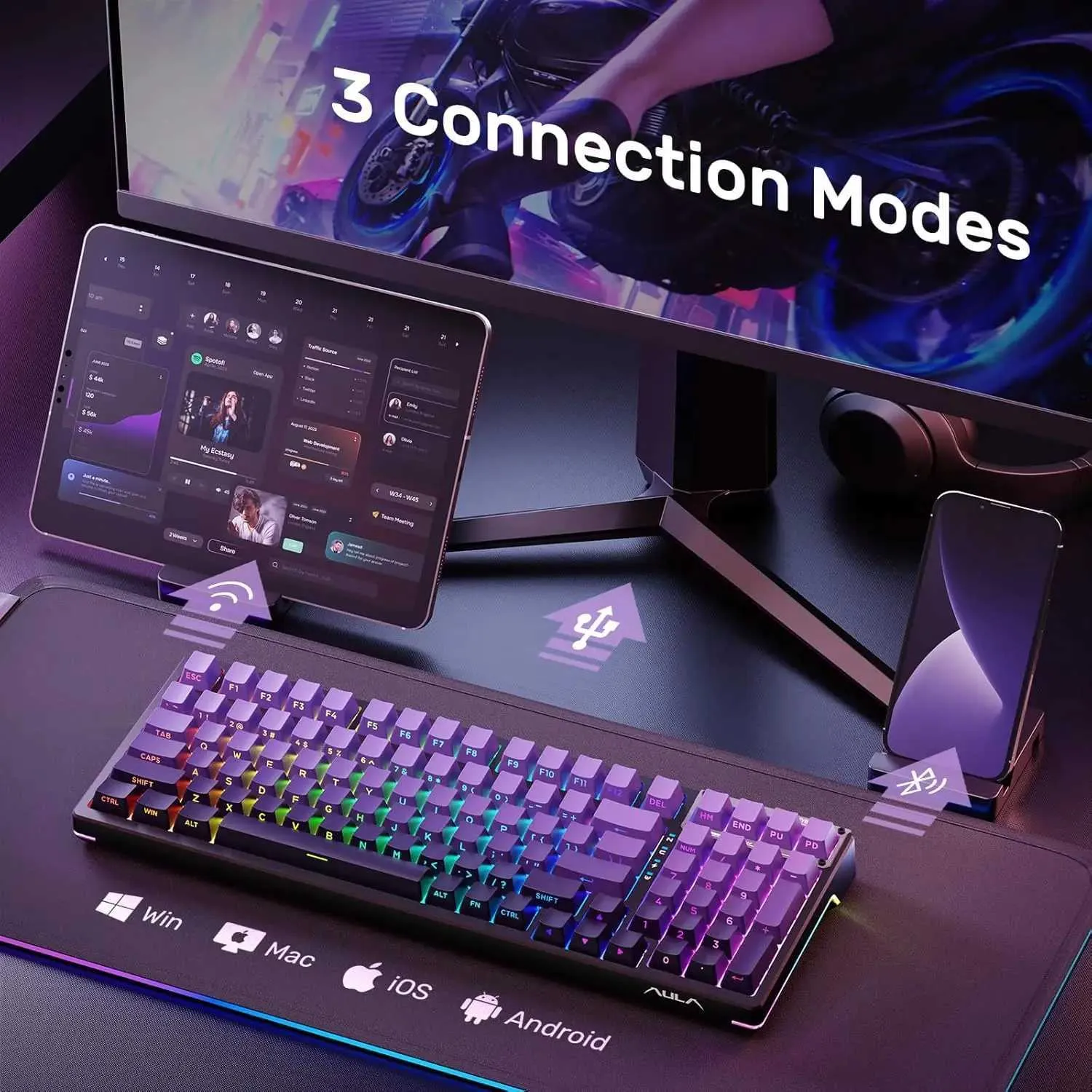 Aula F98 Gaming Mechanical Keyboard - Full Size, Threemode Backlight ...