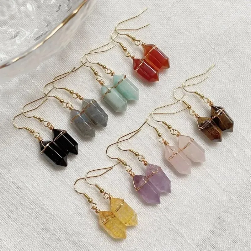 Small Hexagonal Prism Natural Stone Drop Earrings with Point Bullet ...