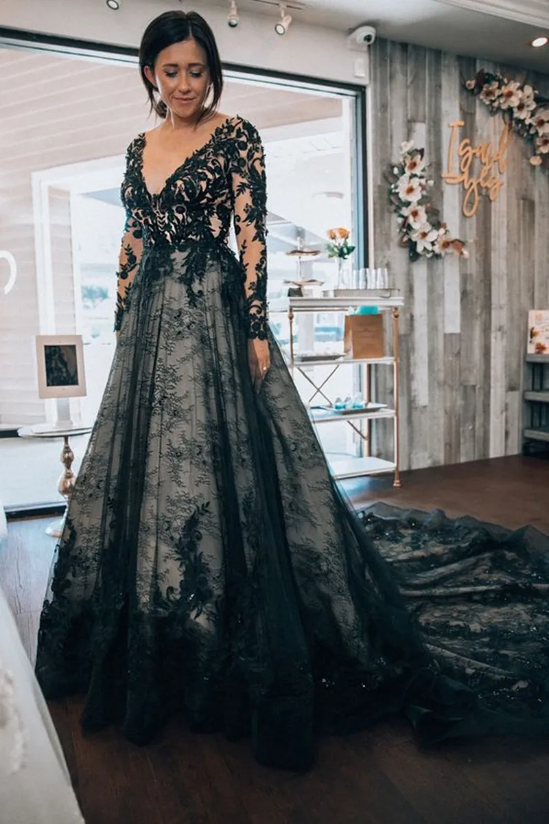 Gorgeous Black Lace A-Line Wedding Dress with Appliques, Long Sleeves ...