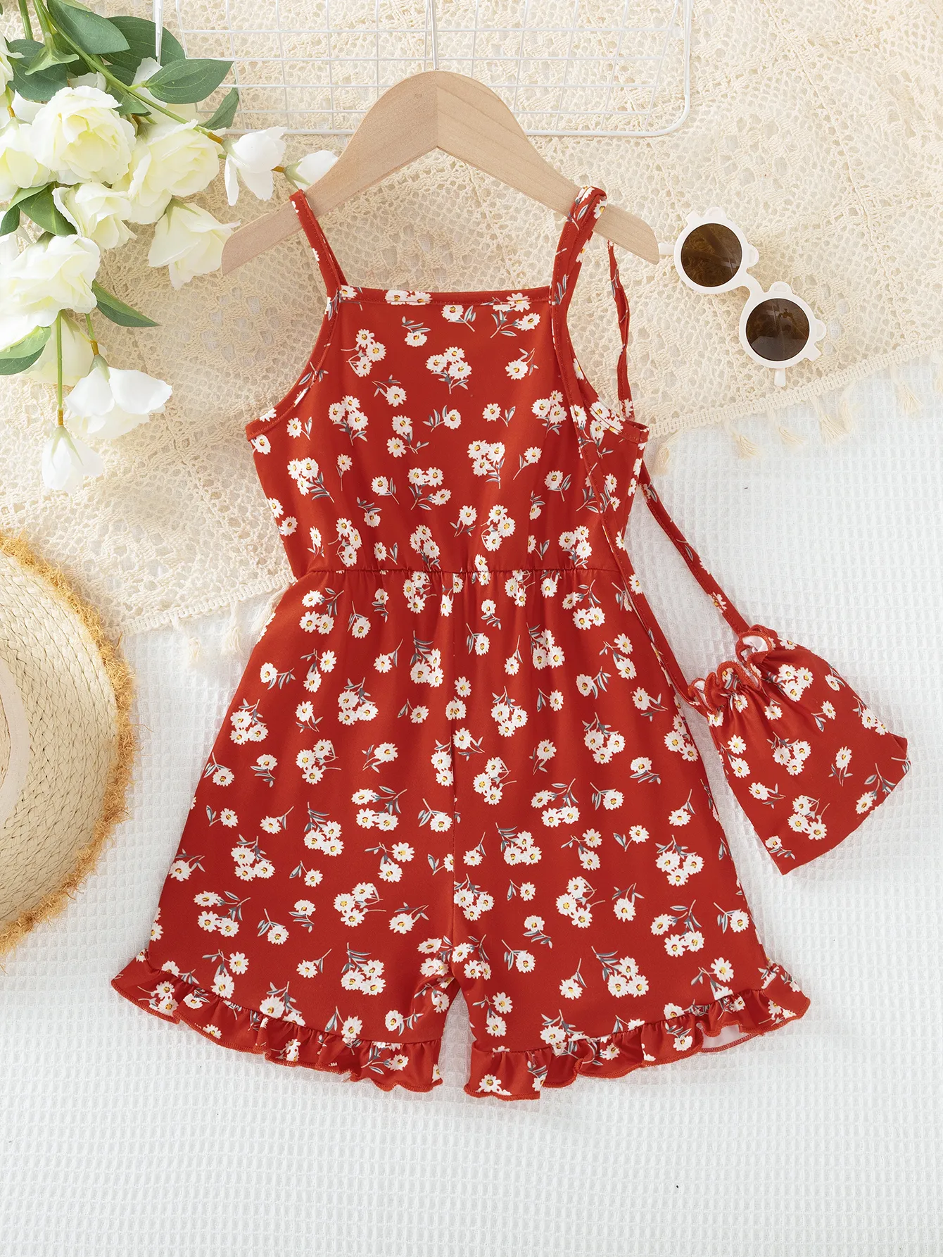 Girls' Red Floral Print Sling Romper with Ruffled Hem, Cute Jumpsuit ...