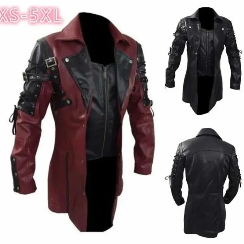Steampunk Men's Gothic Trench Coat Leather Jacket Punk Style Biker ...