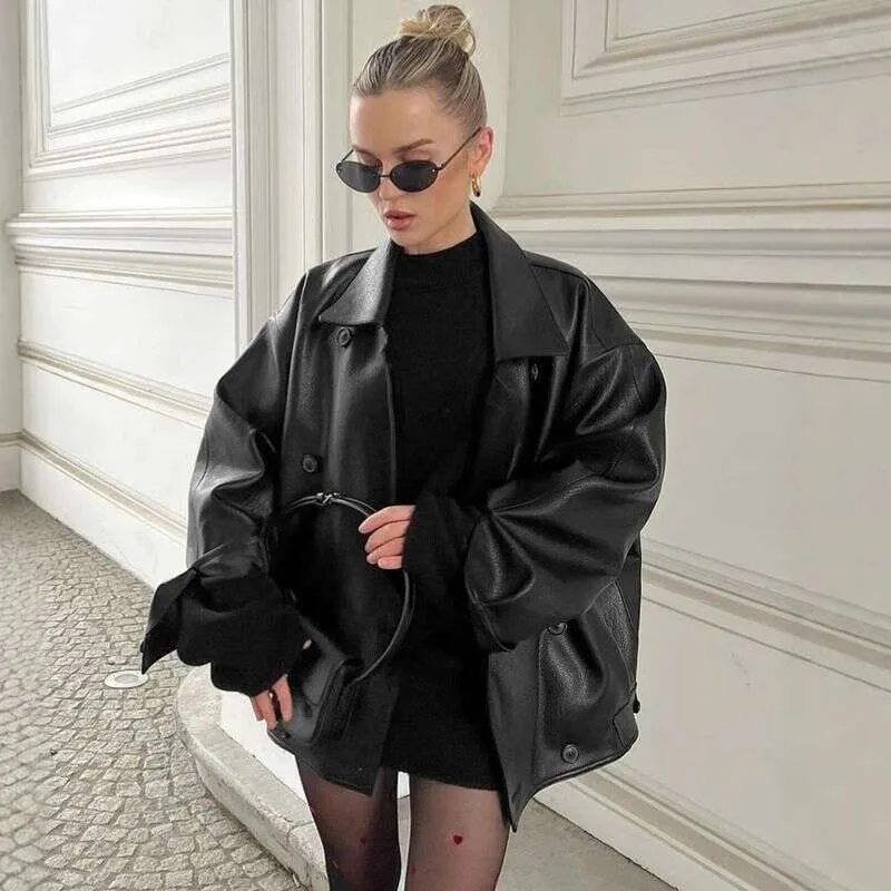 Vintage Brown Oversized Leather Jacket for Women, Blazer Lapel, Retro ...