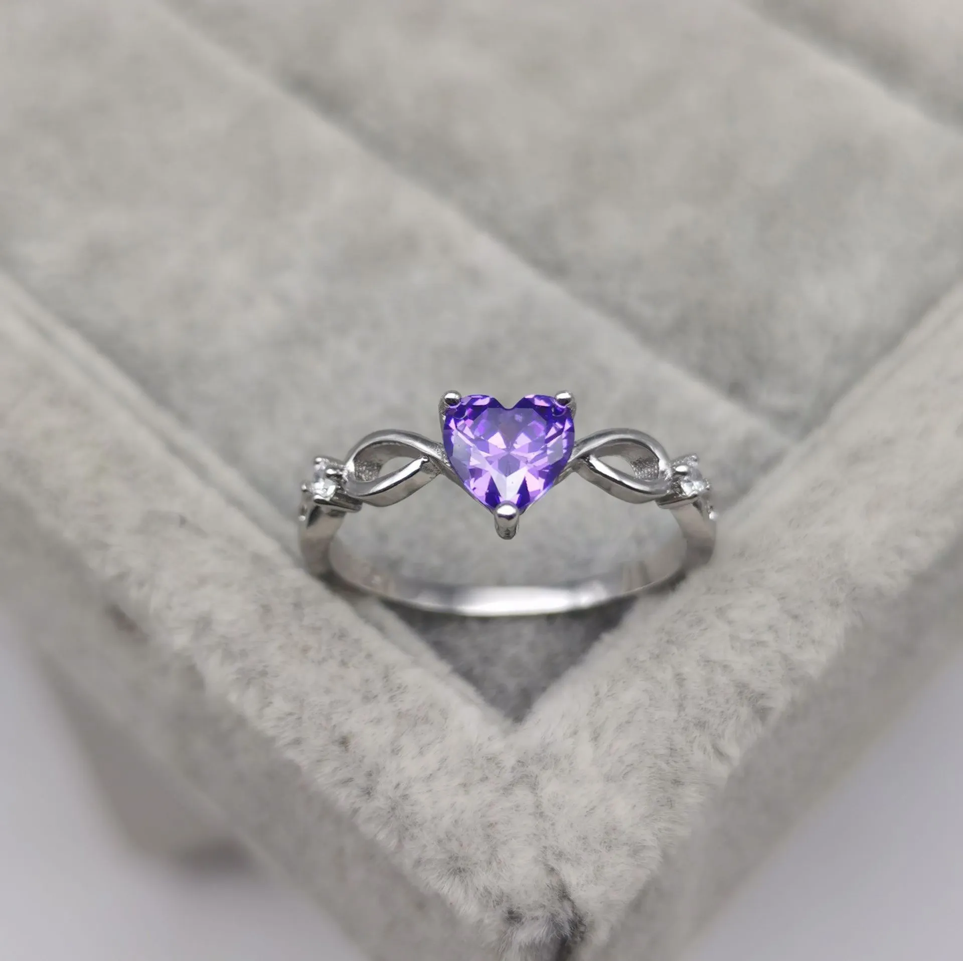 New S925 Sterling Silver Natural Amethyst Purple Heart Ring - Simple ...