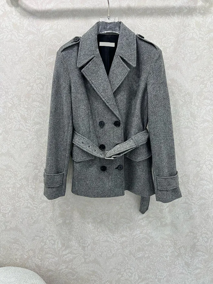 2025 Autumn Grey Solid Color Woolen Belted Blazer: Long Sleeve, Notched ...
