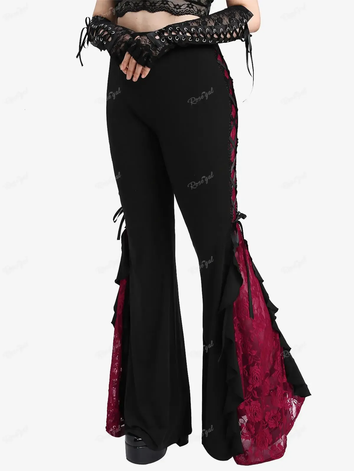 Rosegal Plus Size Gothic Lace Panel Lace-Up Ruffle Flare Pants Women's ...