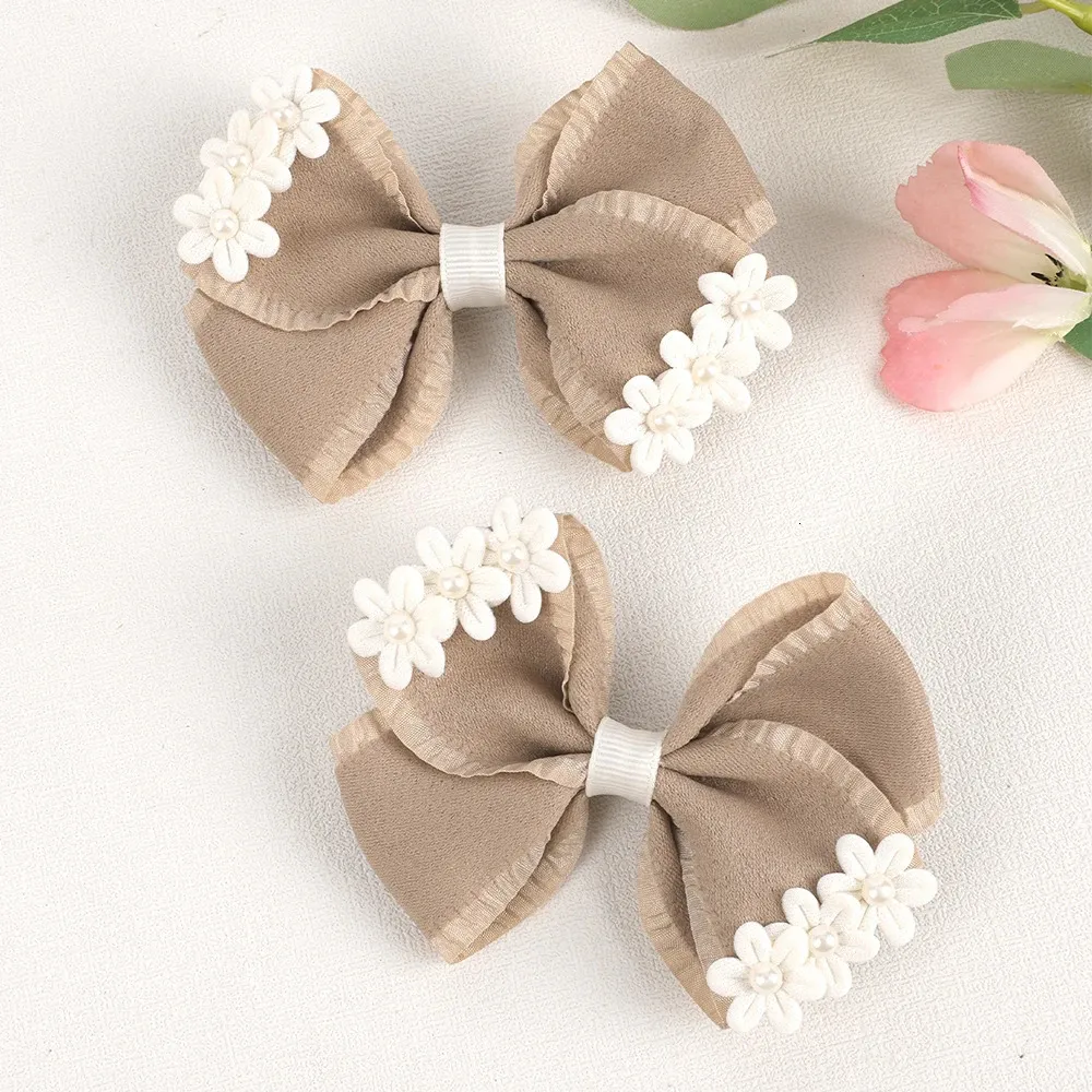 Girls Flower Bow Hair Clips Sweet Pearls Ruffled Bownot Hairpins For ...