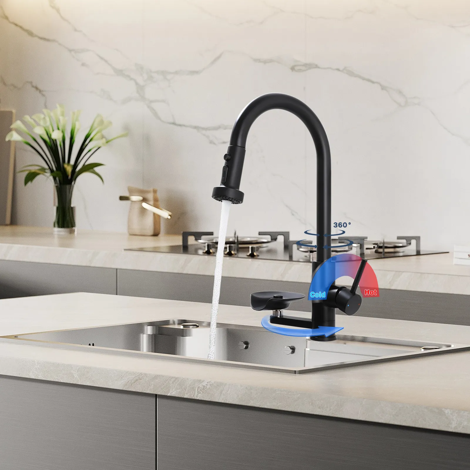 Modern 3 In 1 Black Touchless Kitchen Faucet With Press Type Glass ...