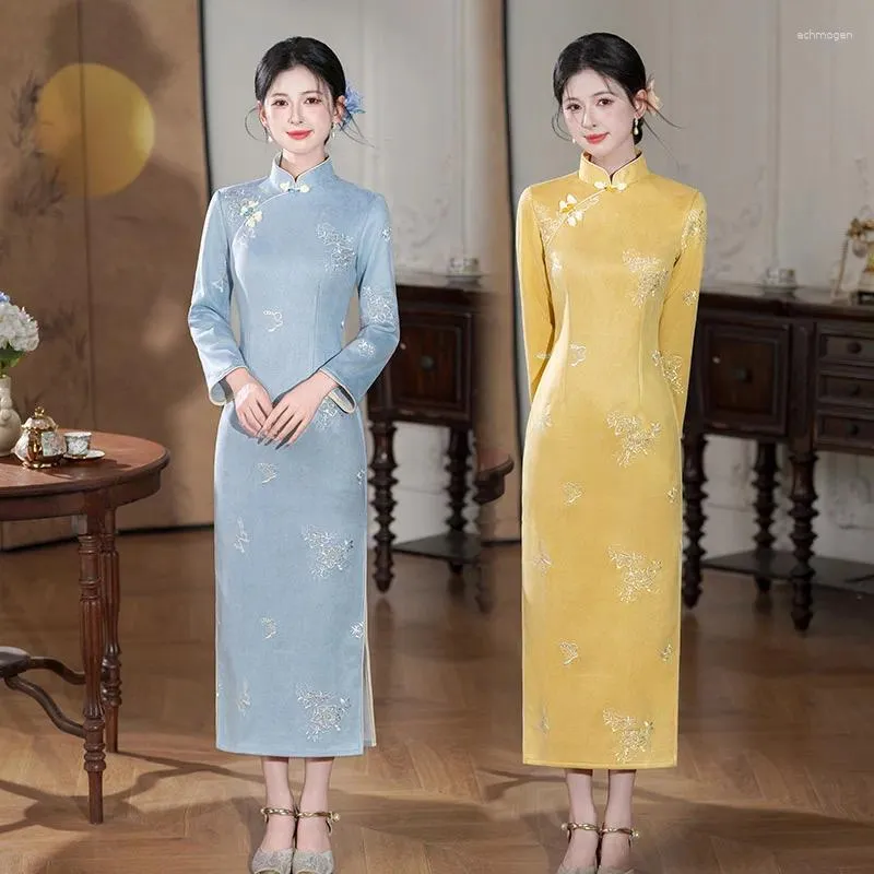 Ethnic Clothing Embroidery Long Qipao Chinese Style Traditional Dress ...