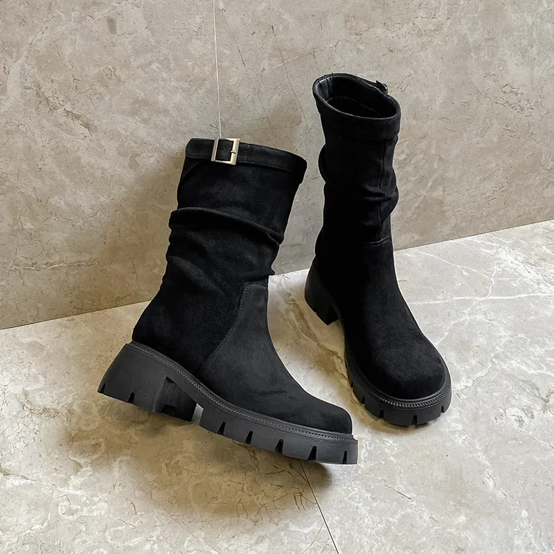 Chunky Heel Designer Pleated Slouch Boots For Women, New Retro Suede ...