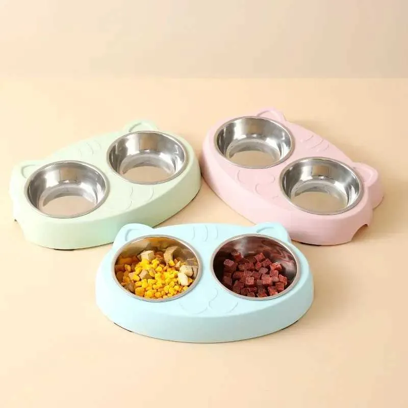 Macaron Pet Double Bowl Plastic Kitten Dog Food and Water Tray Feeder ...