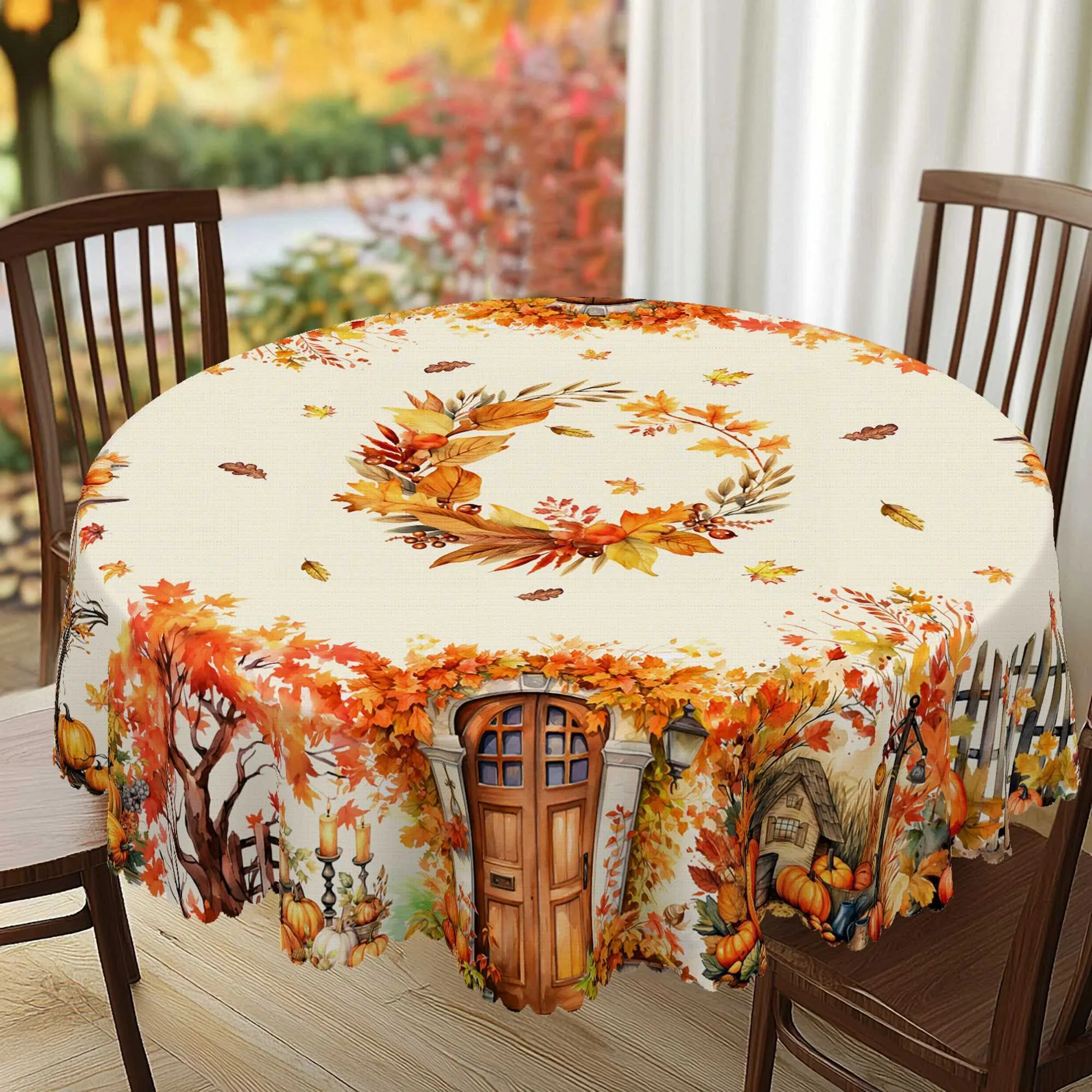 Autum Collection Theme Round Fall Tablecloth Pumpkin And Fallen Leaf ...