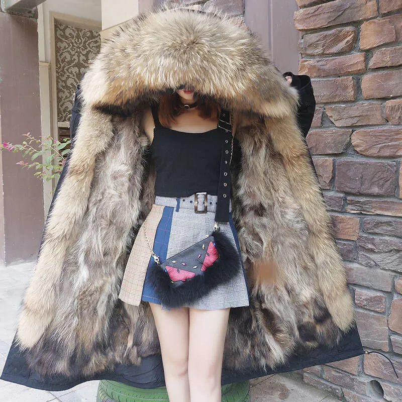 Winter Knee-Length Hooded Loose Slim Female Raccoon Fur Coat Lined with ...