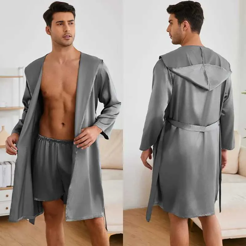 Men's Hooded Bathrobe Shorts Set Pajamas Night Robe Male Silk Satin ...
