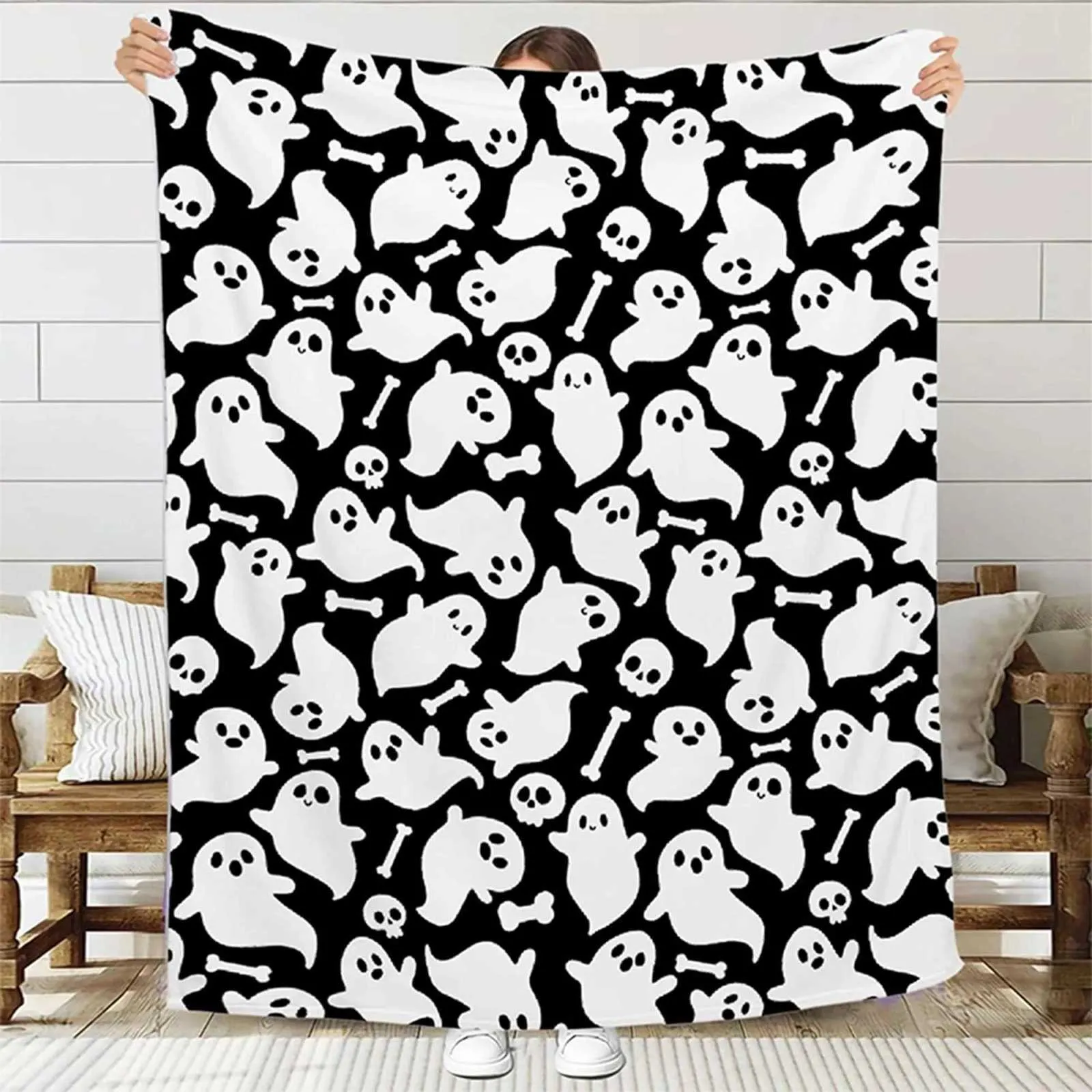 Spooky Halloween Ghosts and Bones Printed Blanket, Cozy and Festive ...