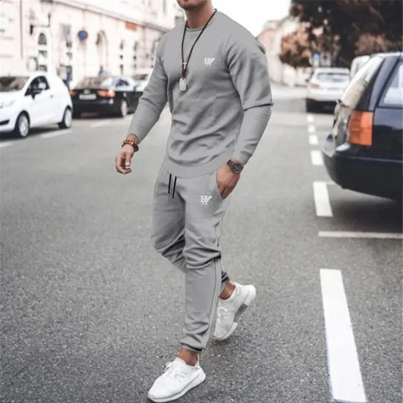Mens Autumn Winter Printed Round Neck Sports Set Running Basketball ...