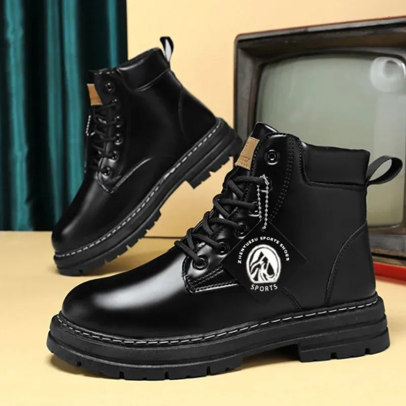 High Top Leather Boots For Men Motorcycle Ankle Lace Up Shoes Winter ...