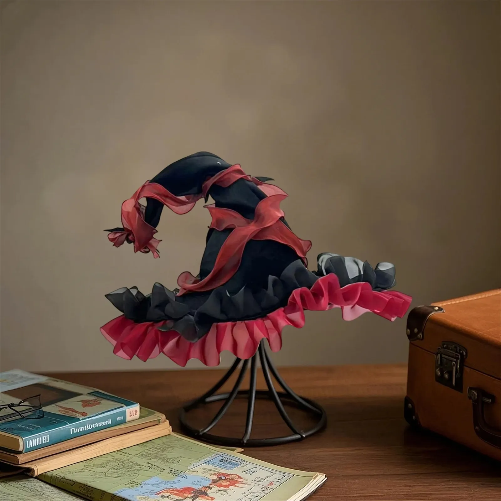 Black Lace Witch Hat with Spider Web Ribbon Decor, Wide Brim Pointed Hat, Masquerade Cosplay ...