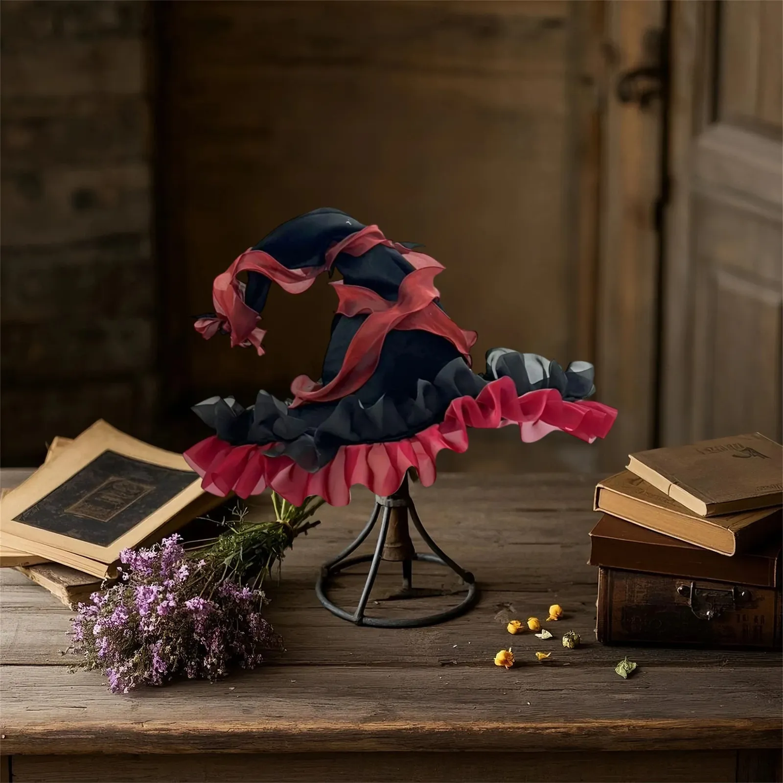 Black Lace Witch Hat with Spider Web Ribbon Decor, Wide Brim Pointed Hat, Masquerade Cosplay ...