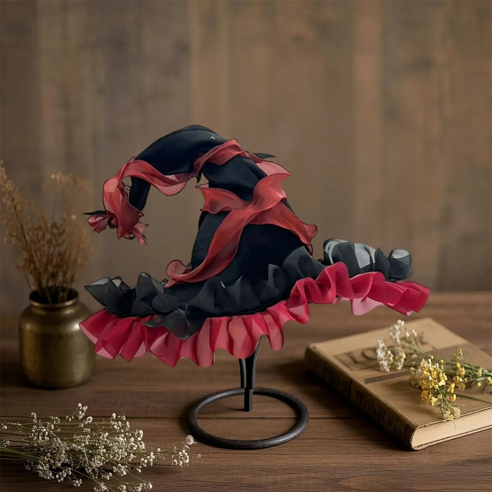 Black Lace Witch Hat with Spider Web Ribbon Decor, Wide Brim Pointed ...