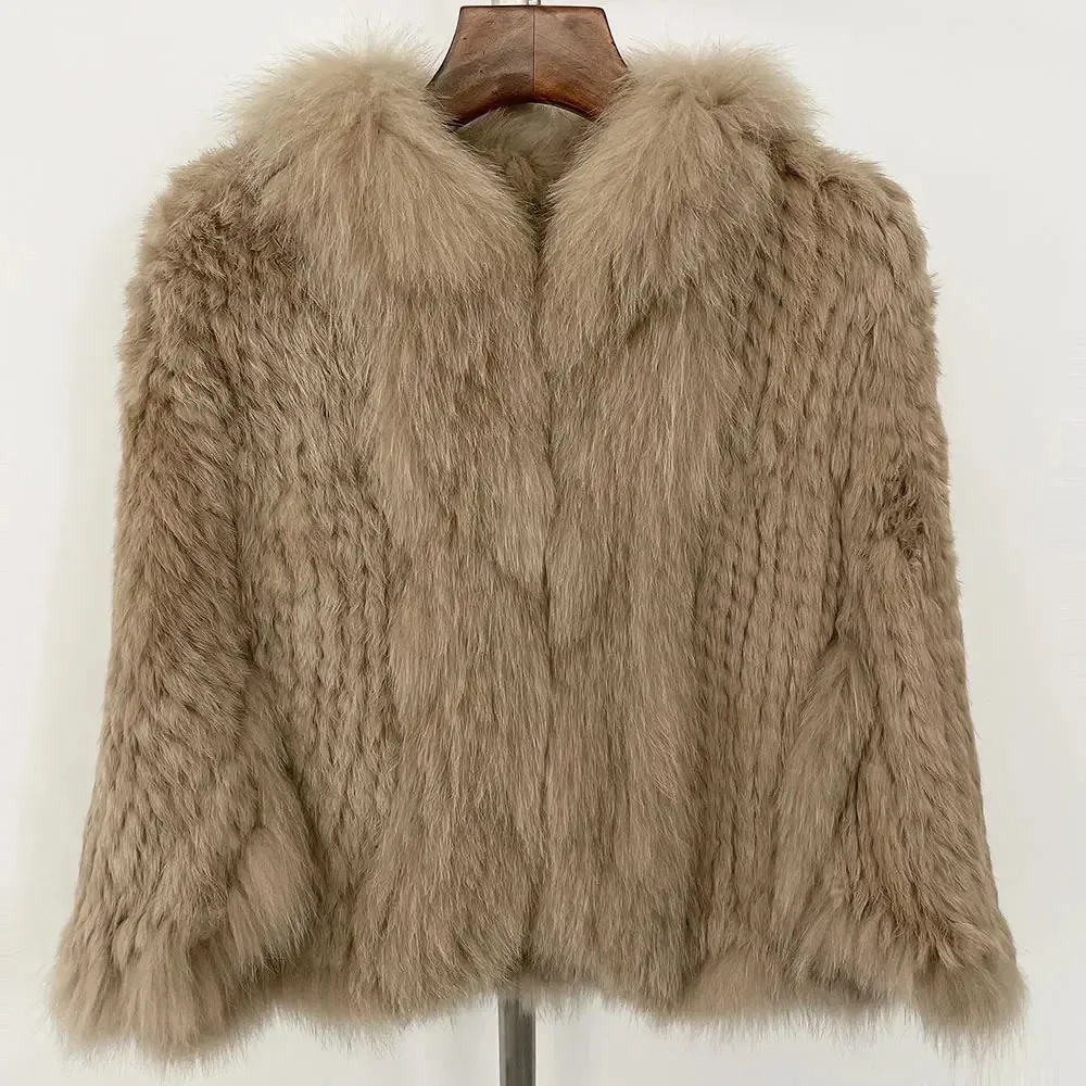 Autumn Winter Knitted Shawl Real Rabbit Fur Coat with Natural Fox Fur ...