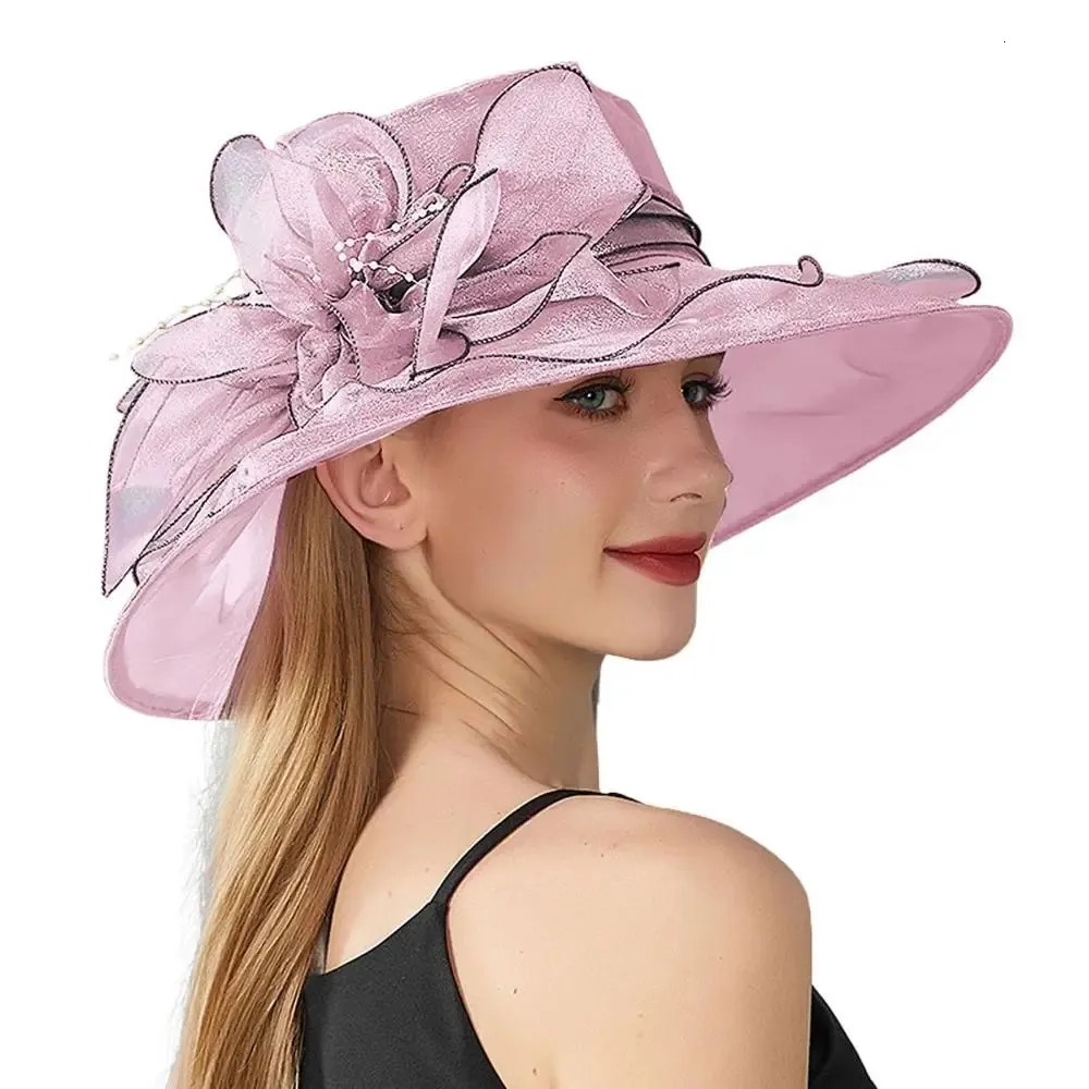 Solid Color Organza Wide Brim Derby Hat for Women, Summer Ruffles Sun ...