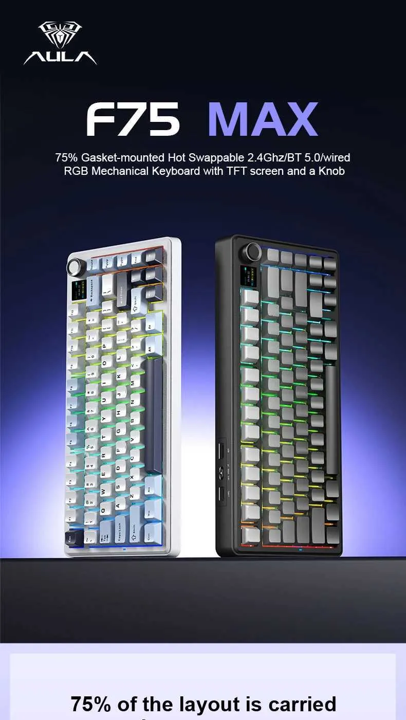 AULA F75 MAX Gaming Atrix 60 Mechanical Keyboard Wired/Bluetooth, 24G ...