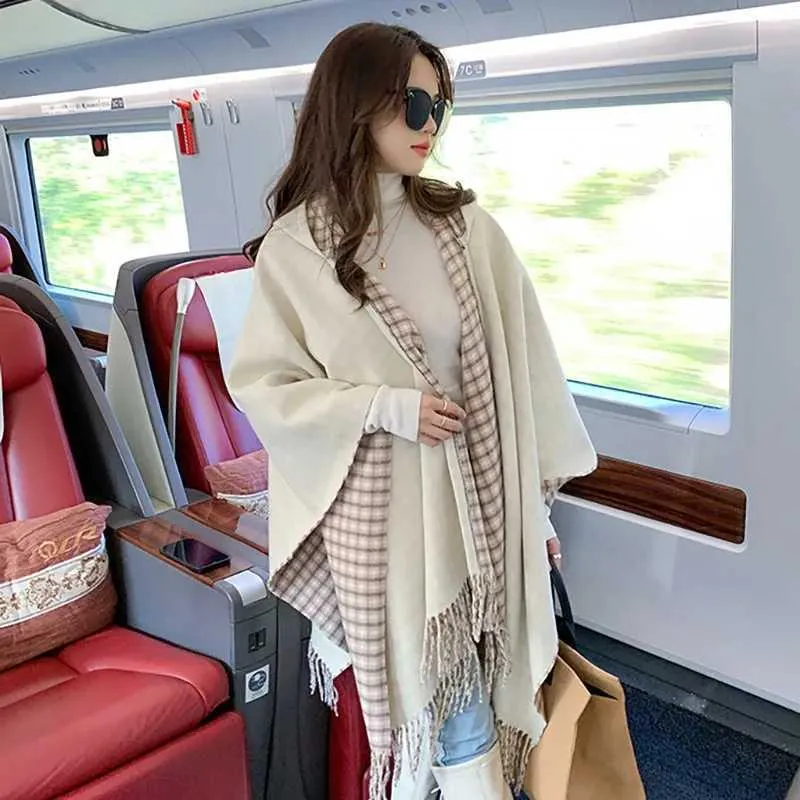 6 Double Side Women Faux Woolen Long Cloak Out Overcoat With Hat Split ...
