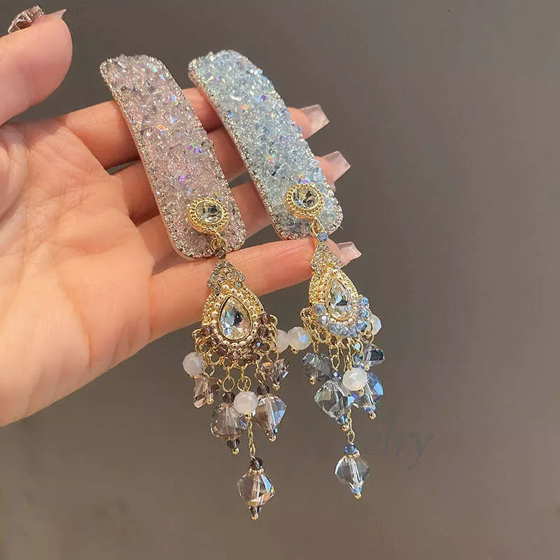 One Second Fall Blue Crystal Tassel High-End Side Forehead Hair Clip ...