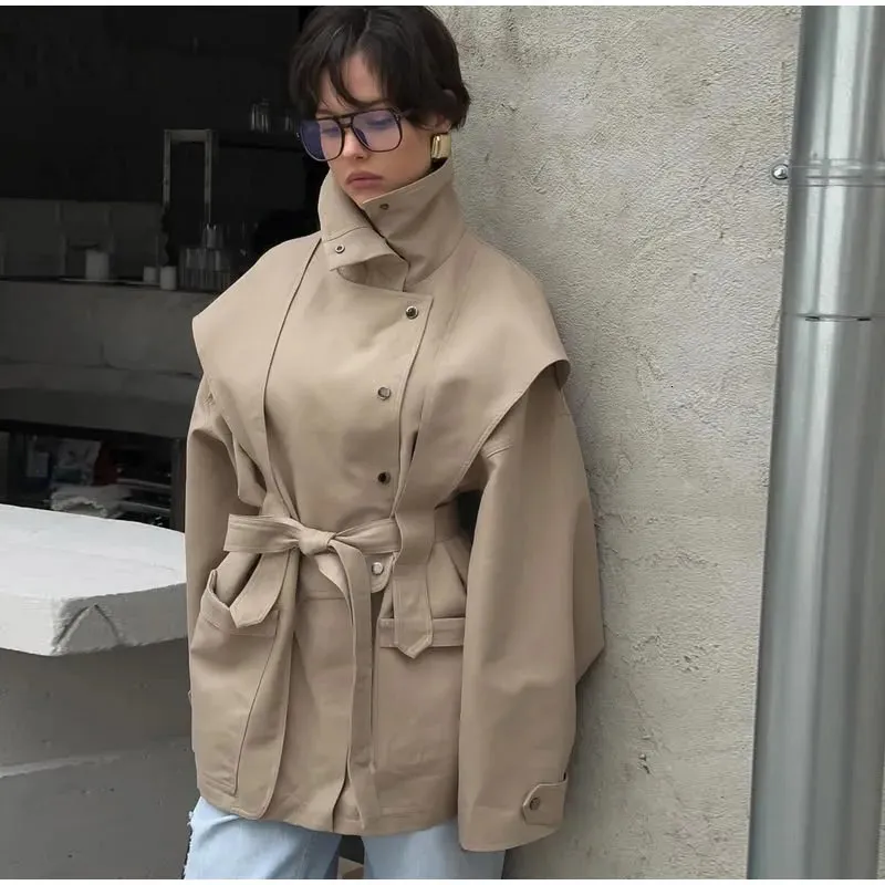 Women Waist Cinching Windbreaker Jacket Acetate Hooded Single-Breasted ...