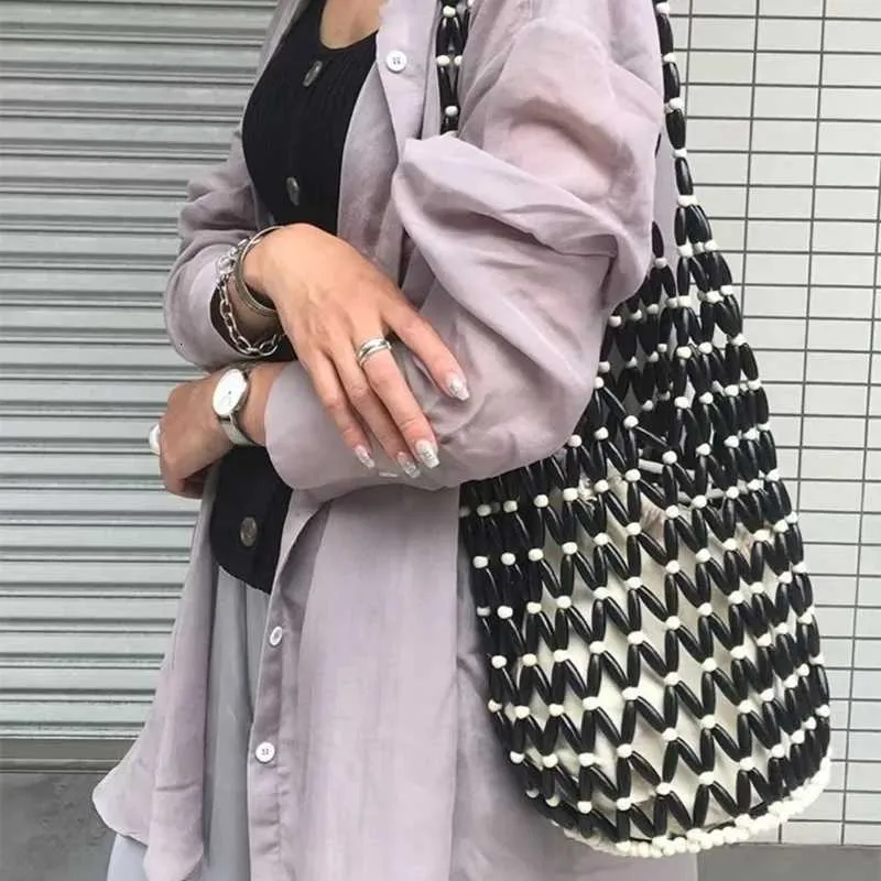 Summer Handmade Beaded Shoulder Bag Hollowout Wooden Bead Tote French ...