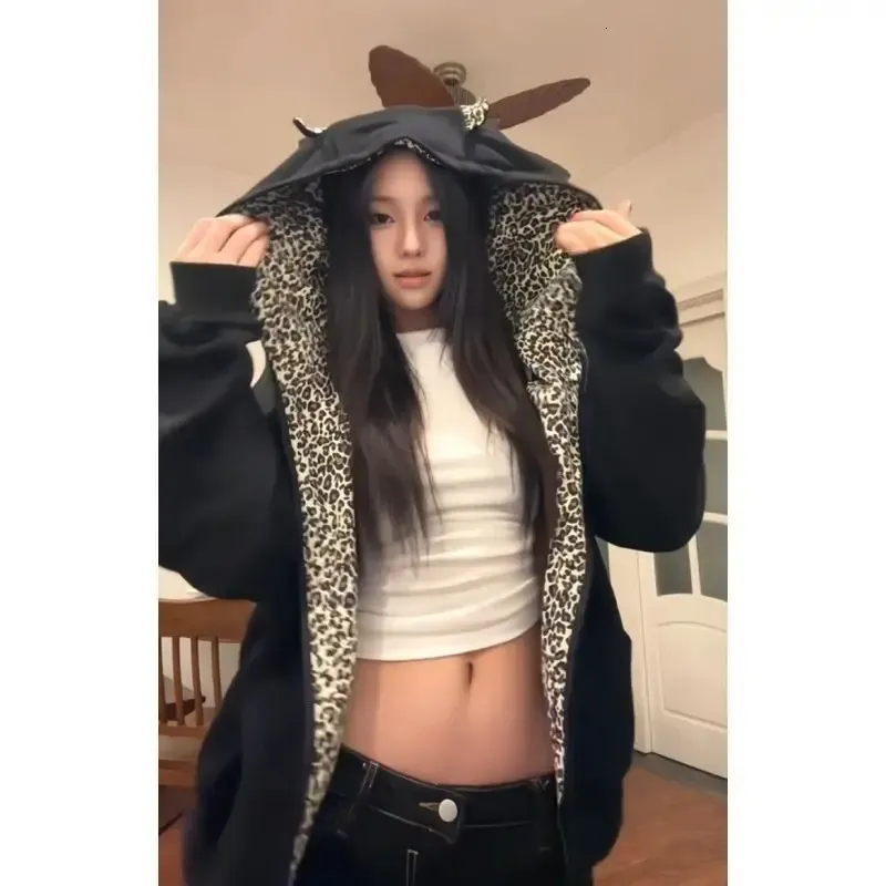 Goth Leopard Print Hoodie for Women, Street Fashion Cute Retro Zip Up ...