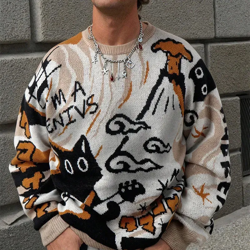 Men's Retro Cartoon Knitted Sweater, Warm Pullover Casual Longsleeved ...