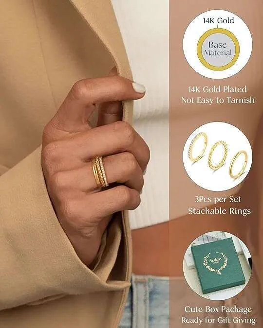 Three-Piece Stacking Rings for Women, Copper Plated with Real Gold ...