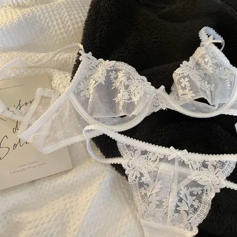 French Sexy Bra Brief Set Lingerie UltraThin SeeThrough Sexy Floral ...