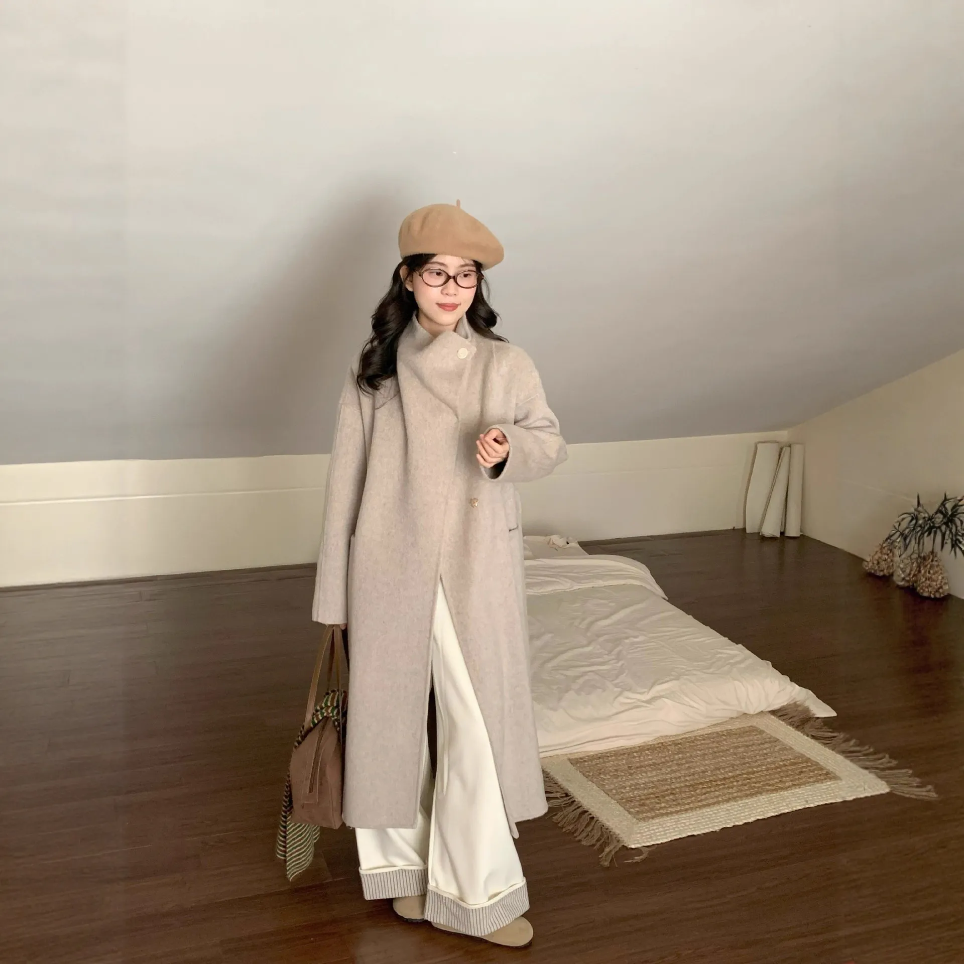 2025 New Women's Double-Sided Long Wool Coat, Mid-Length Stand Collar ...